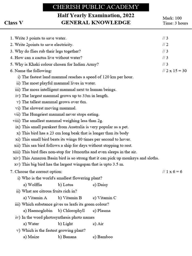 Half Yearly Examination, 2022 General Knowledge Class V | PDF | Mammals ...