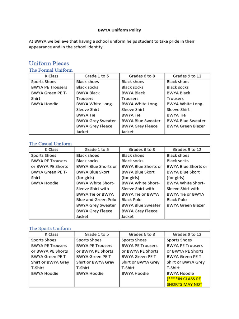BWYA Uniform Policy | PDF | Shoe | Sock