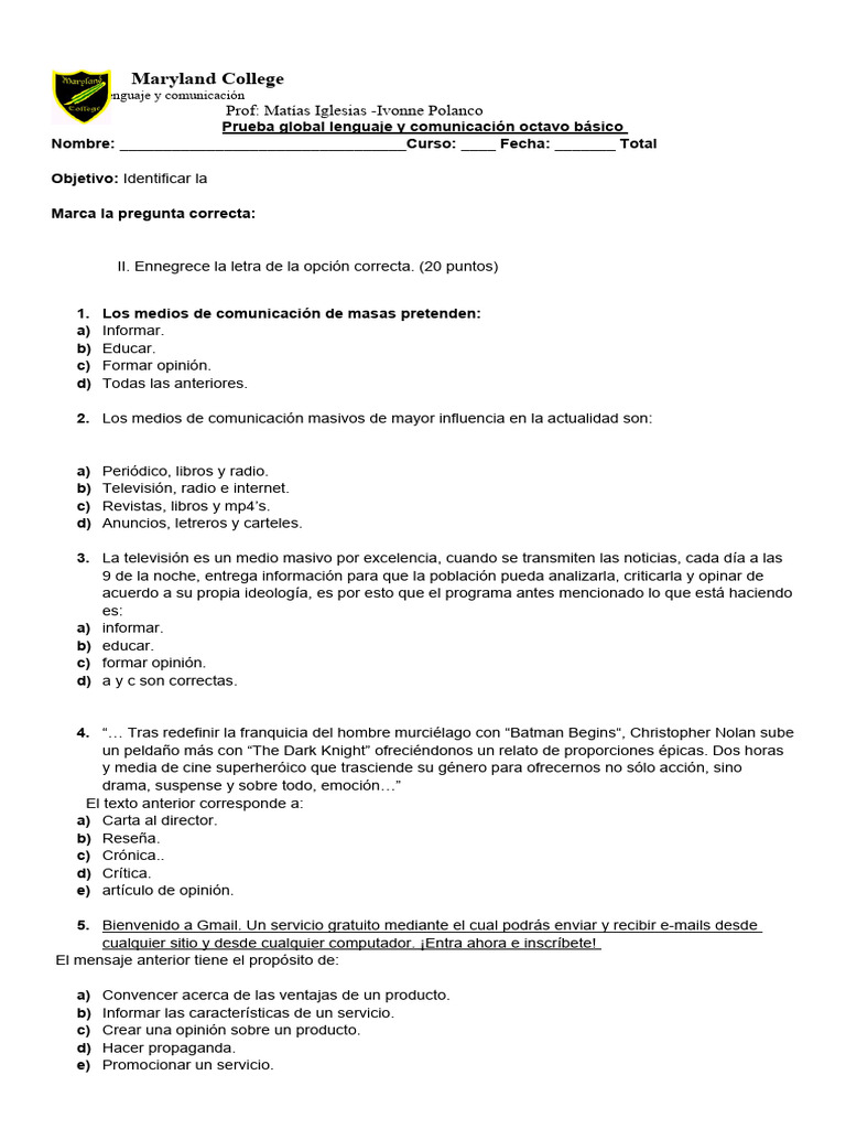 Prueba Global Segundo Semestre | PDF | Comunicación | Medios de ...