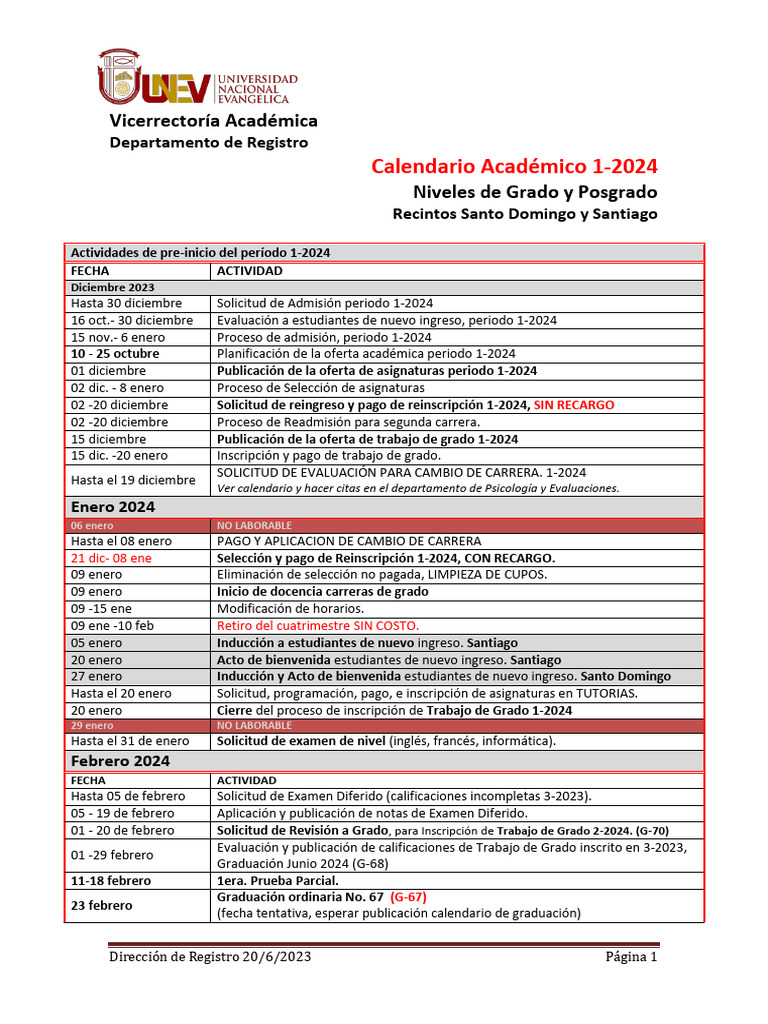 Calendario Academico 1-2024 | PDF