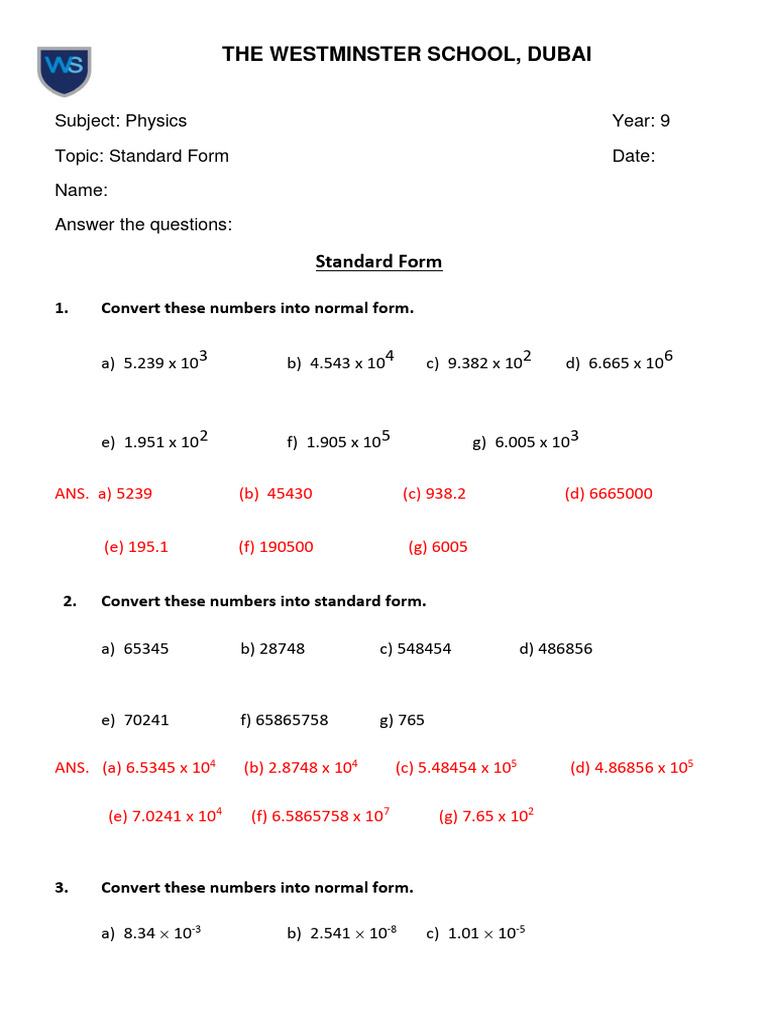 Year 9 Physics Standard-Form Worksheet - ANSWERS | PDF