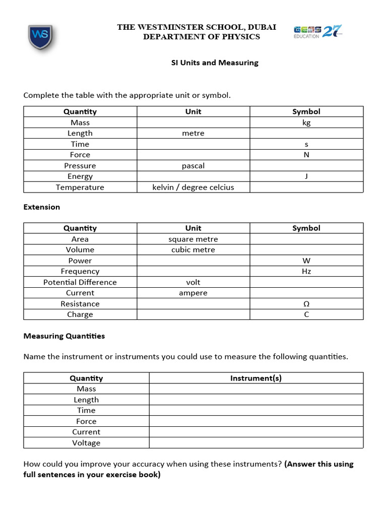SI Units and Measuring Worksheet | PDF | International System Of Units ...