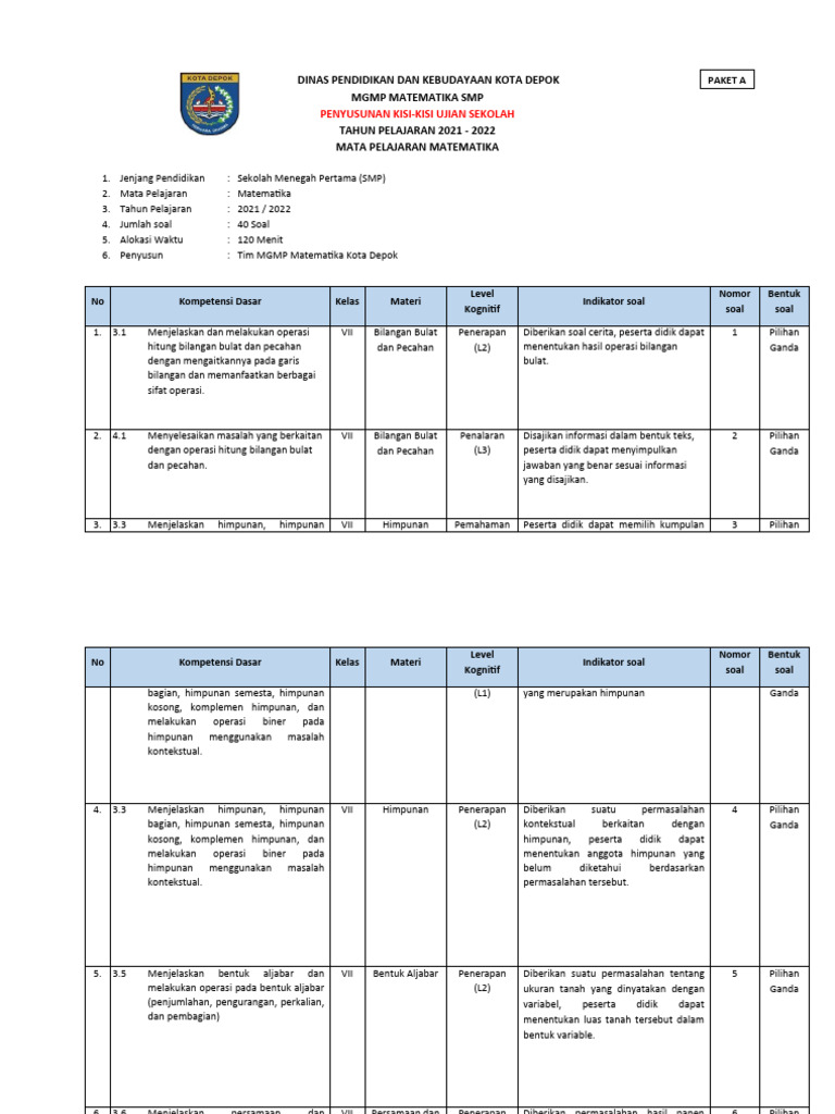Paket A - Kisi-Kisi Us Matematika 2122 | PDF