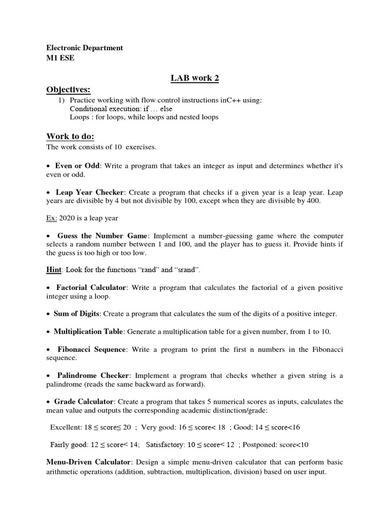 C++ Flow Control Exercises Guide | PDF
