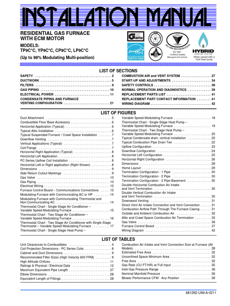 York YP9C Furnace Installation Manual | PDF | Duct (Flow) | Thermostat