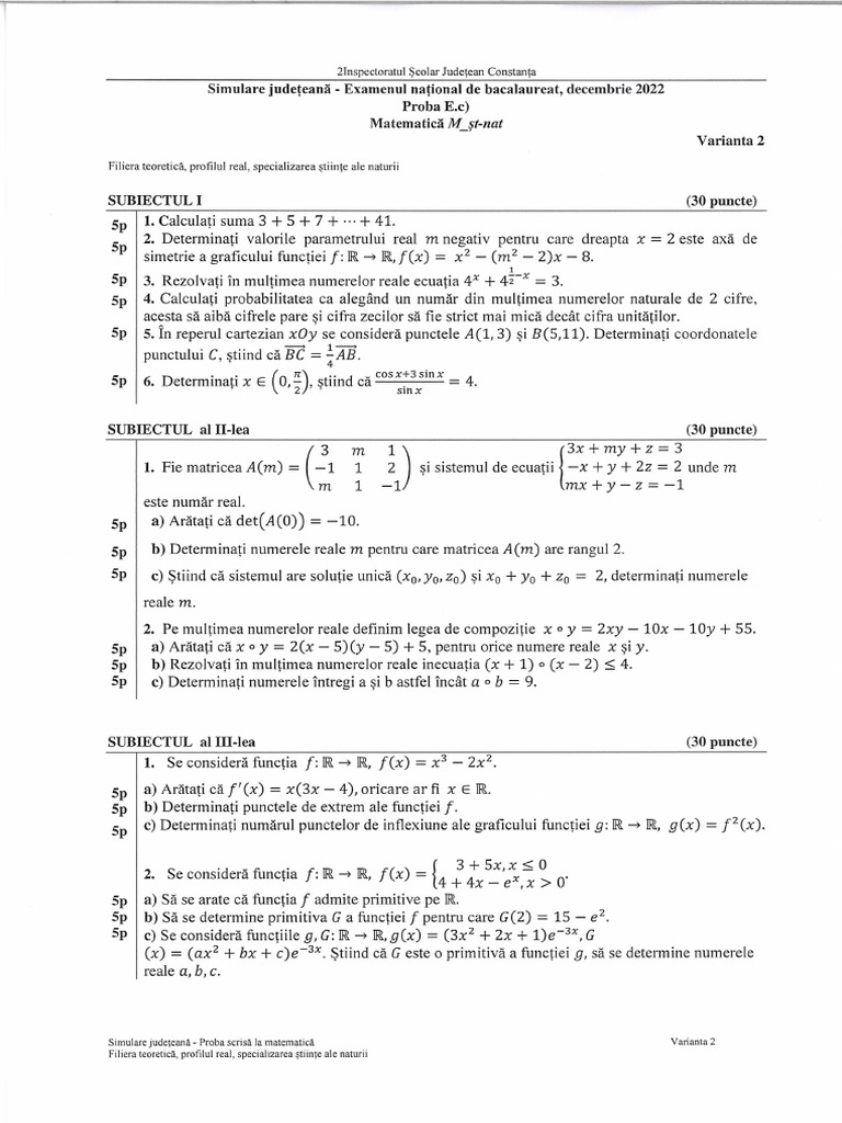 ISJ Constanta - Simulare Bacalaureat 2023 - Decembrie 2022 - Varianta 2 ...