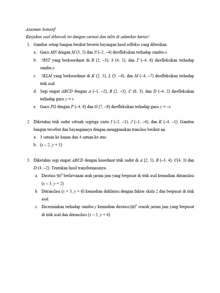 Asesmen Sumatif Transformasi Geometri | PDF | Metode & Bahan Ajar | Sains & Matematika