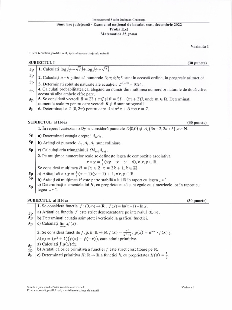 ISJ Constanta - Simulare Bacalaureat 2023 - Decembrie 2022 - Varianta 1 - Subiect | PDF