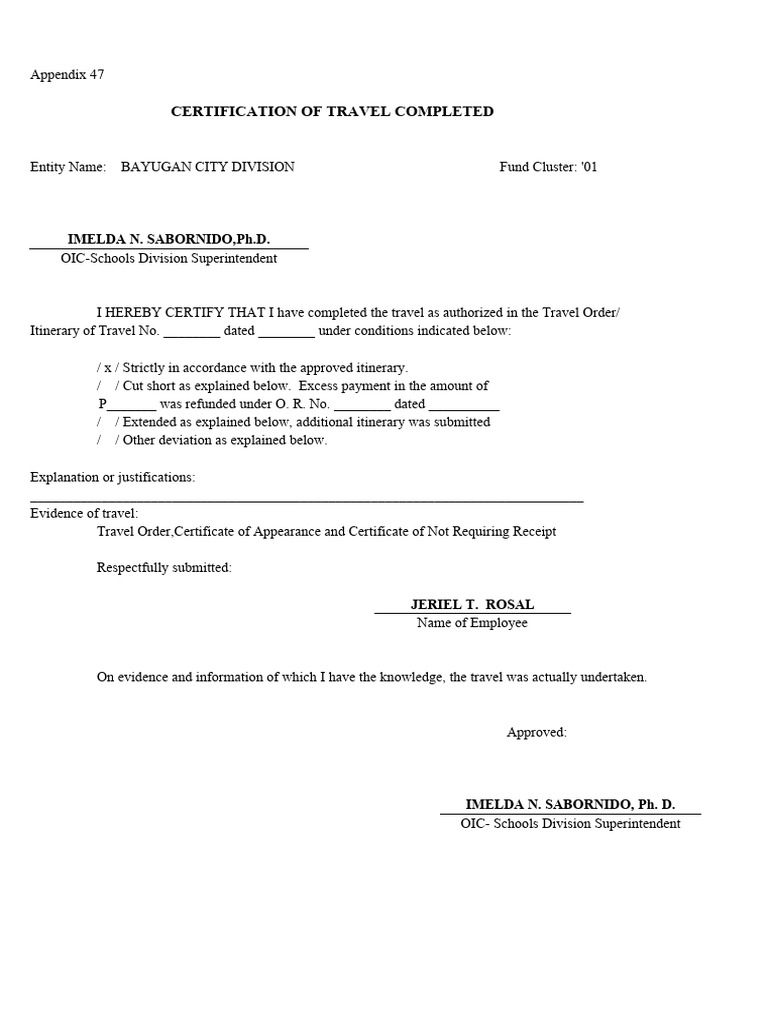 Certification of Travel Completed (B) | PDF