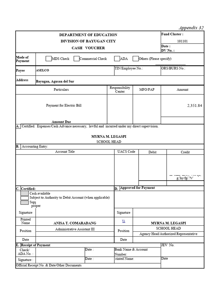 Disbursement (CASH) Voucher | PDF | Cheque | Payments