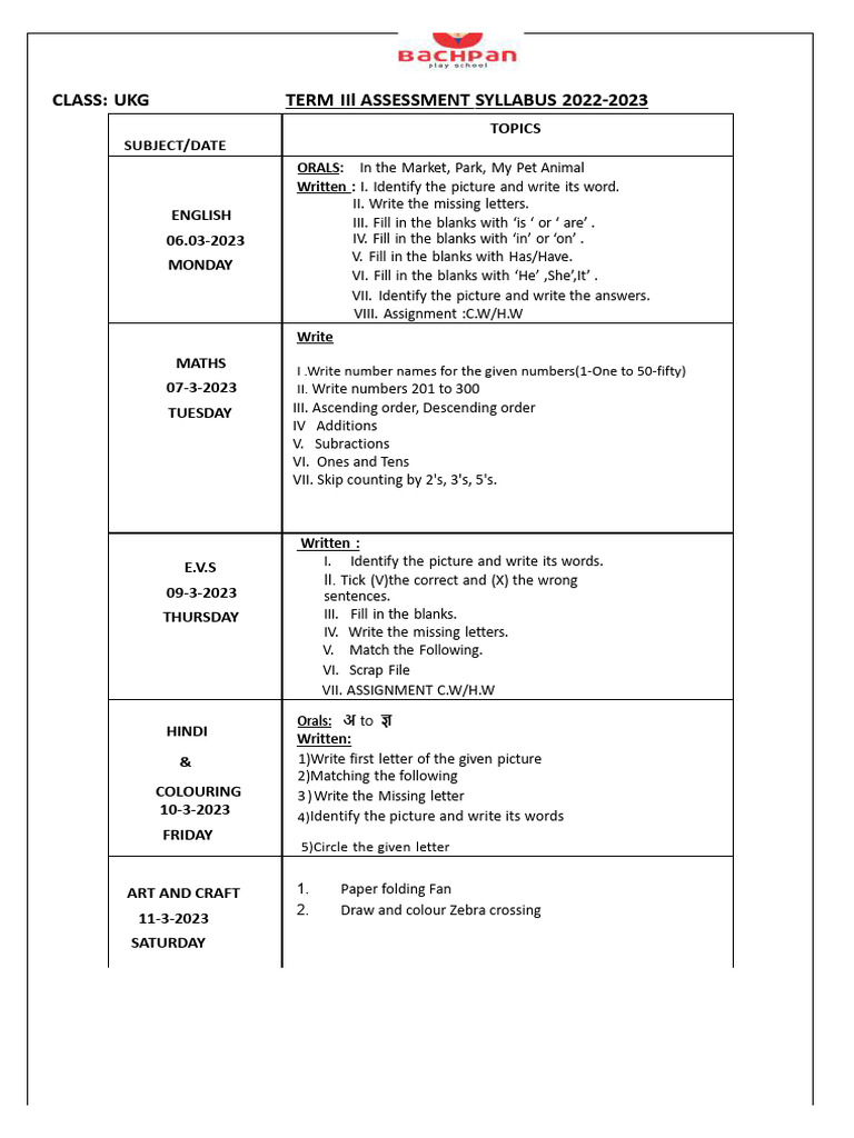 III - Term U.K.G Syllabus | PDF