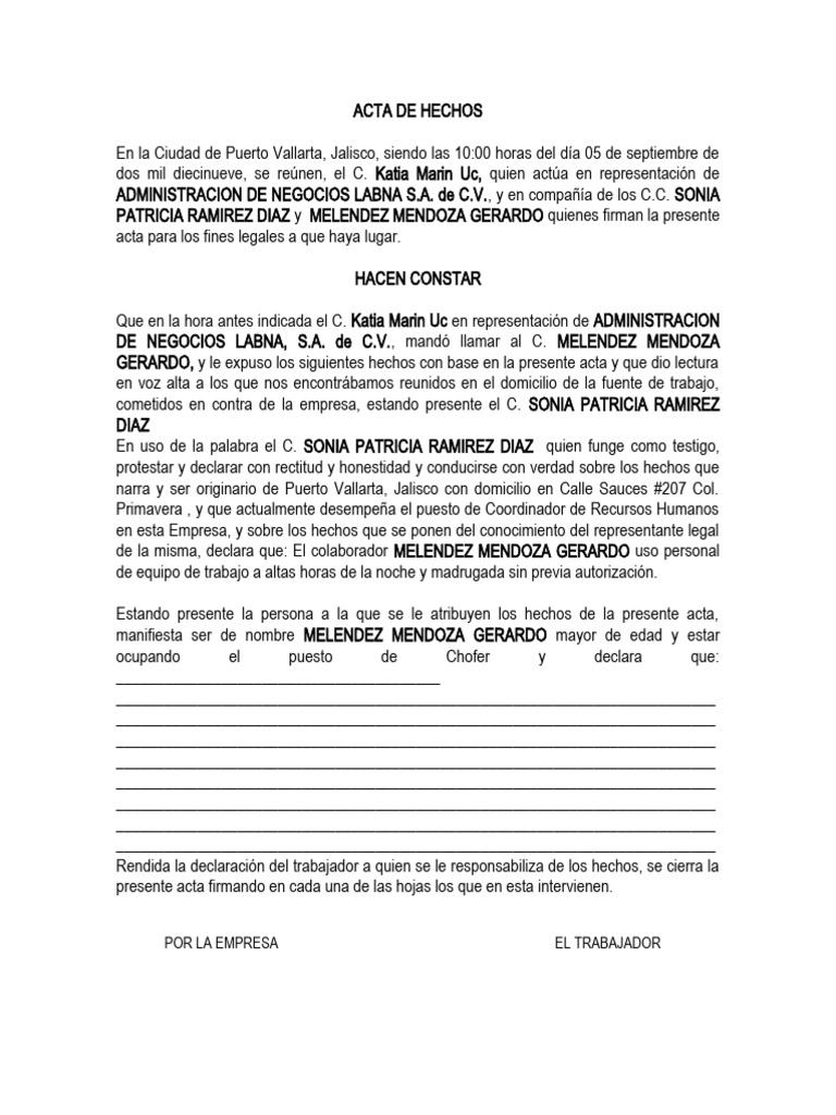 Formato Acta Administrativa Constancia De Hechos Acta Administrativa/minuta De Reuni N Ejemplos