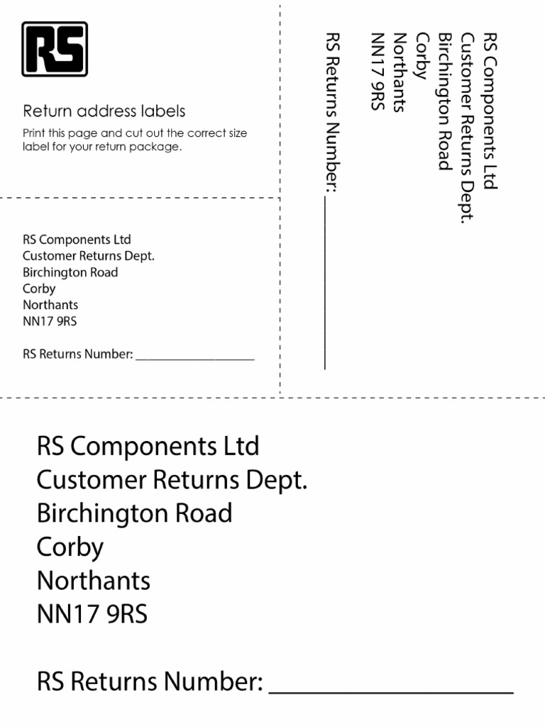 Returnlabel RS COMPONENET RETURN LABEL | PDF