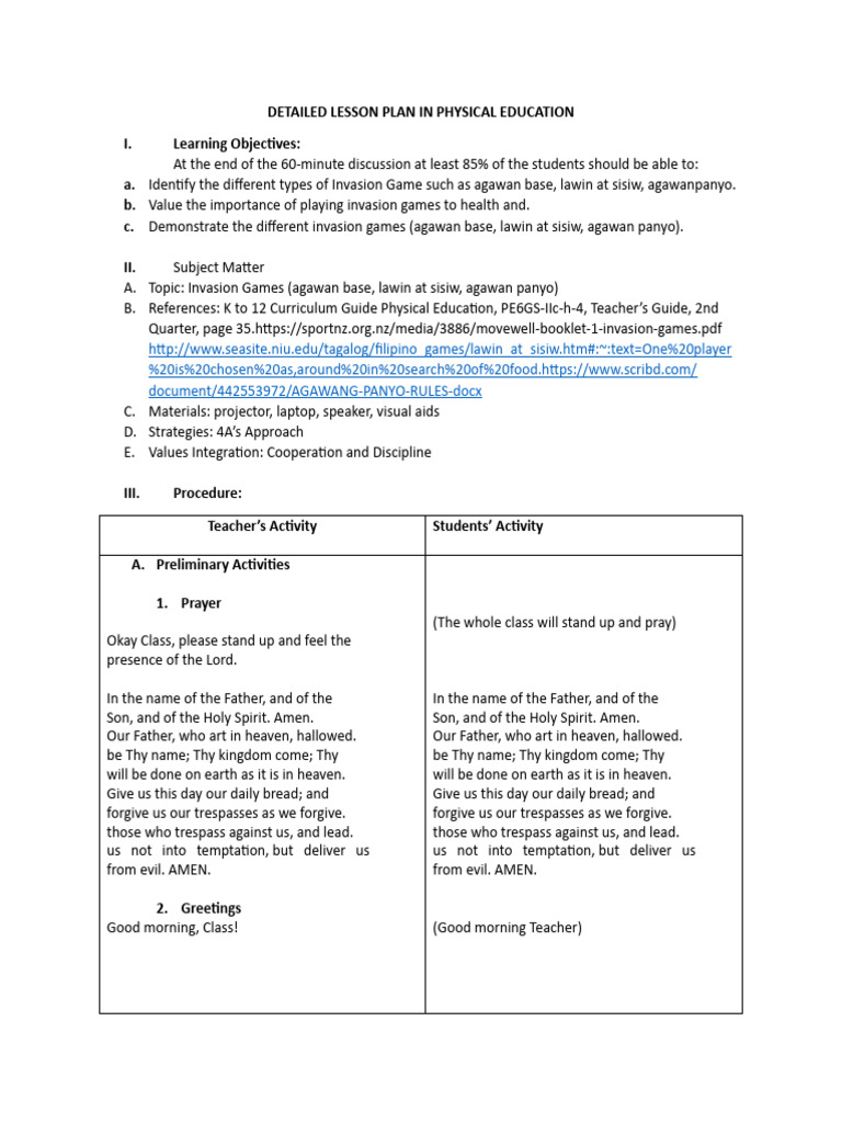 Pe Lesson Plan | PDF | Lord's Prayer | Teachers
