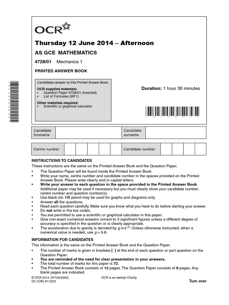 Question Paper Mechanics 1 Printed Answer Book | PDF