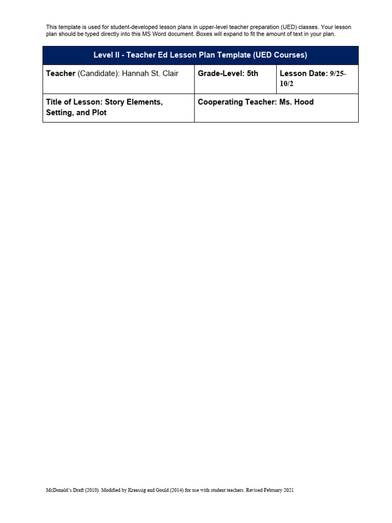 Story Elements Lesson Plan Sep25 Oct2 | PDF | Lesson Plan | Reading ...