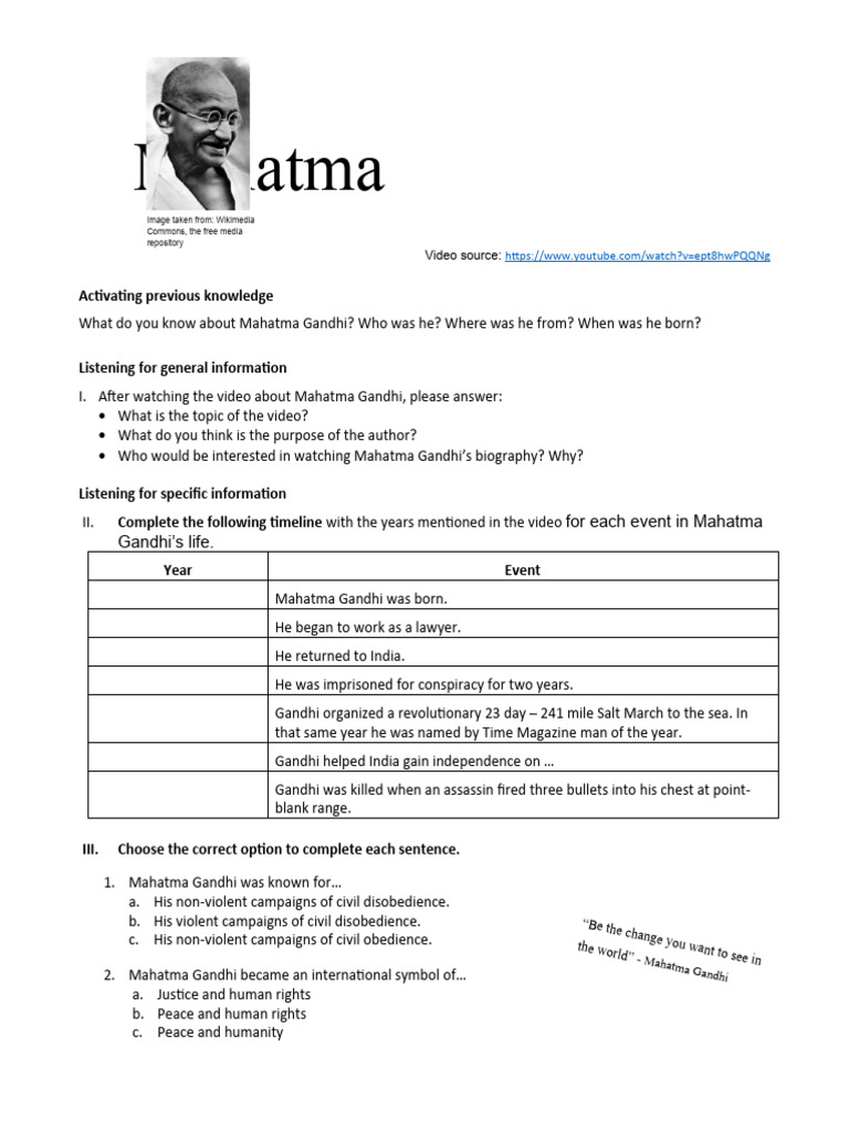 Mahatma Gandhi: Life and Legacy Quiz | PDF | Mahatma Gandhi | Human Rights