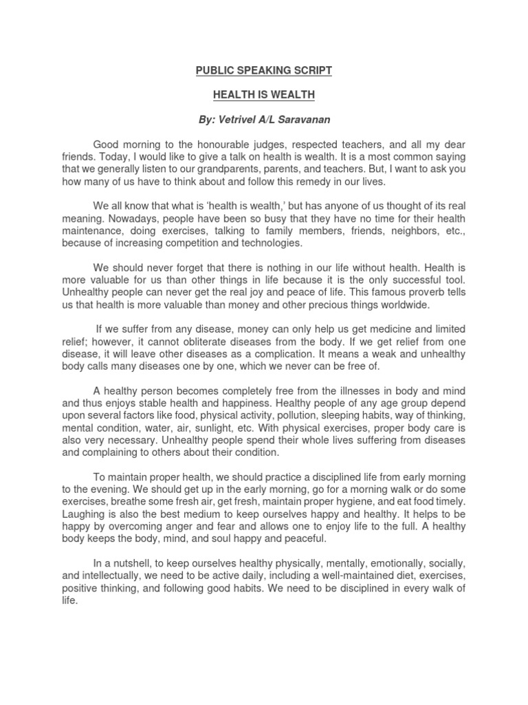 Health Is Wealth Public Speaking Script | PDF | Psychological Concepts ...