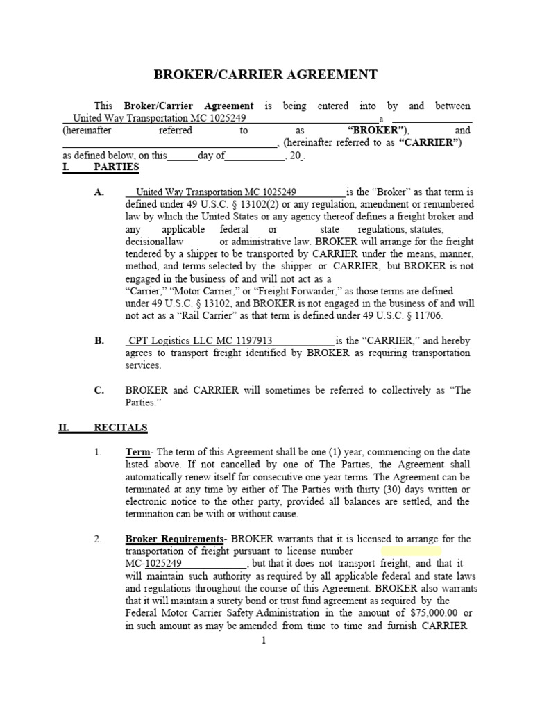Broker Carrier Agreement 2 | PDF | Cargo | Indemnity
