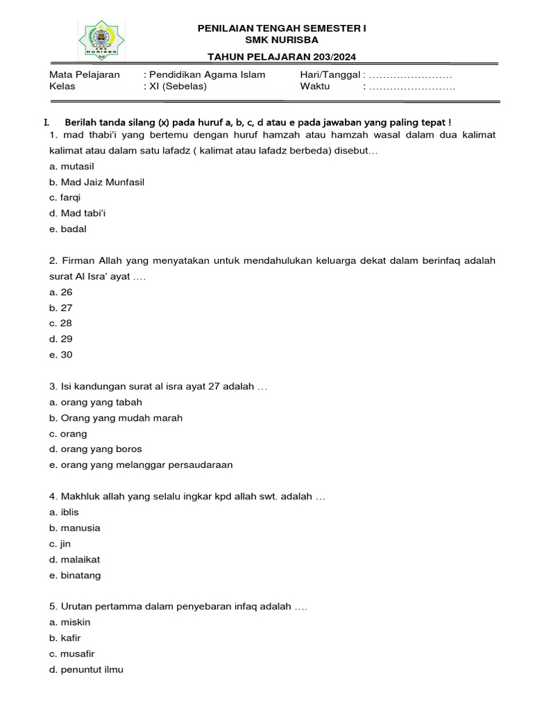 1 - Soal PTS PAI Kelas XI Ganjil - SMK NURISBA | PDF | Agama & Spiritualitas