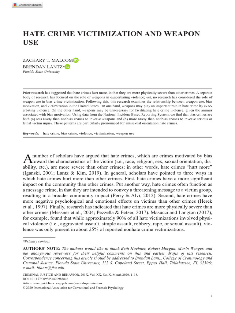 Hate Crime Victimization and Weapon Use | PDF | Hate Crimes | Violence