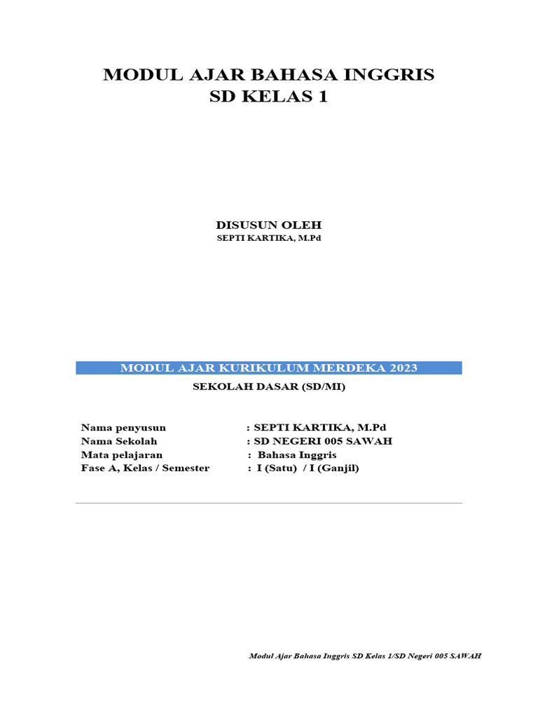 Modul Ajar Bahasa Inggris Kelas 1 SD | PDF