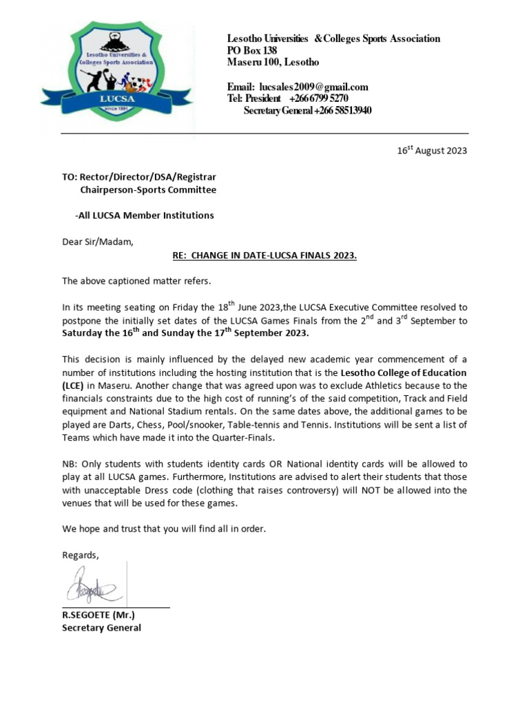 Lucsa Finals-Changed Dates | PDF