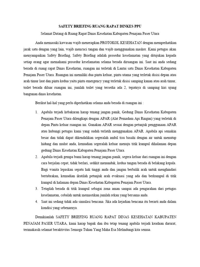 Safety Briefing Ruang Rapat Dinkes Ppu | PDF
