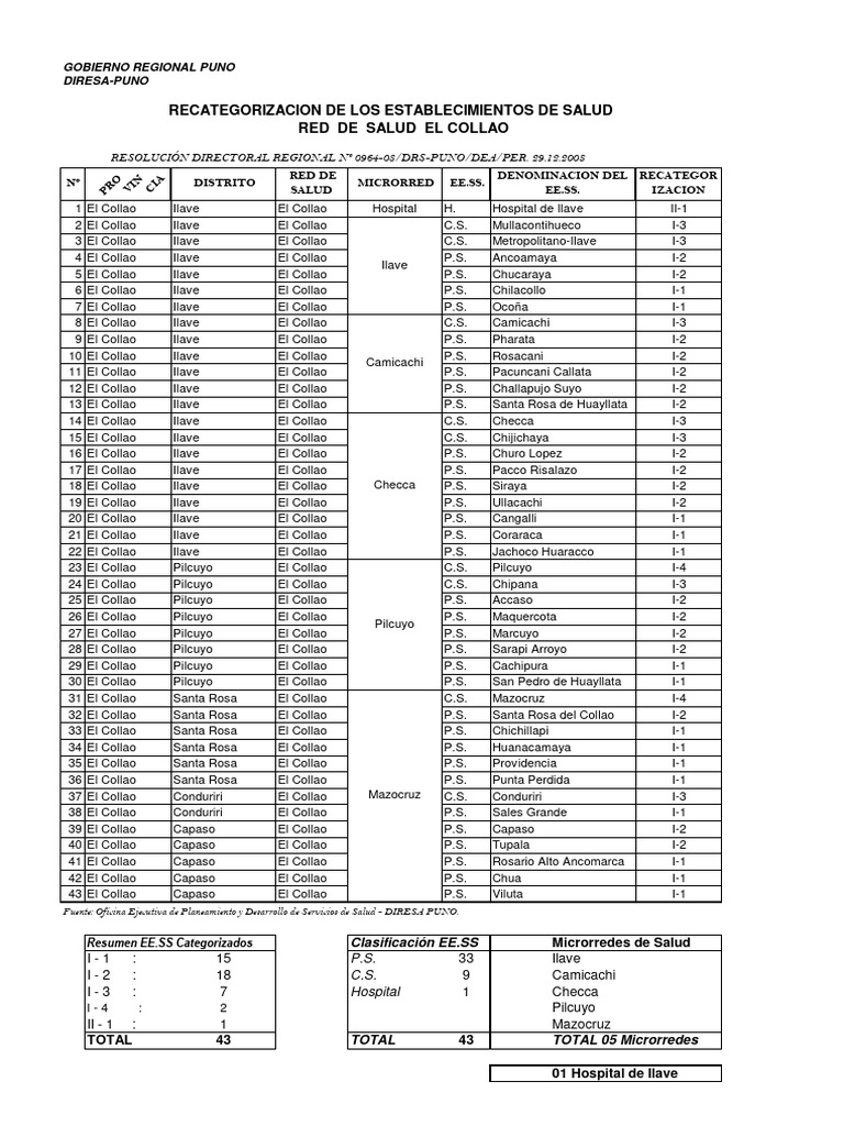 Categorizaci N de EESS Red de Salud El Collao | PDF