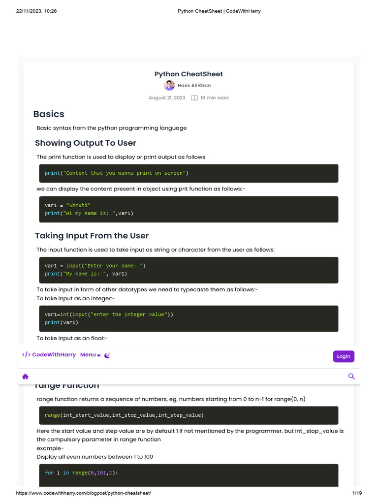 Python CheatSheet - CodeWithHarry | PDF | Class (Computer Programming) | Control Flow