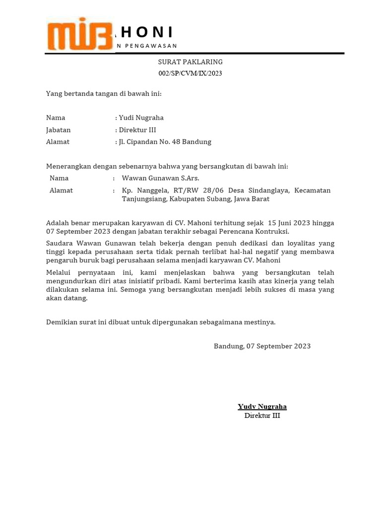 Contoh Surat Paklaring | PDF | Karier & Perkembangan | Pengelolaan ...