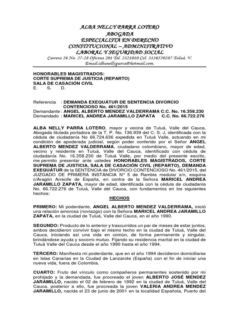 Demanda Exequátur de Divorcio en Colombia | PDF | Sentencia (ley ...