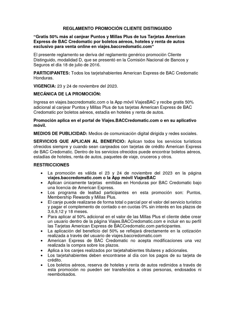 REGLAMENTO PROMOCION CLIENTE DISTINGUIDO AMEX 50porc NOV23 | PDF ...