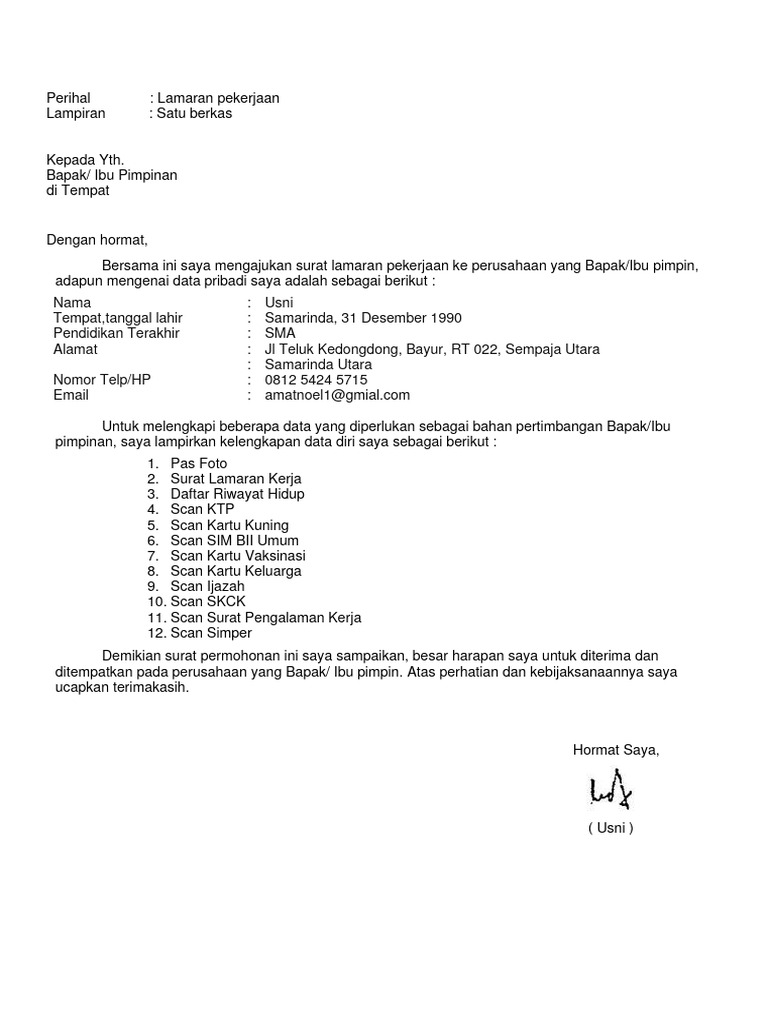Surat Lamaran Kerja Usni | PDF