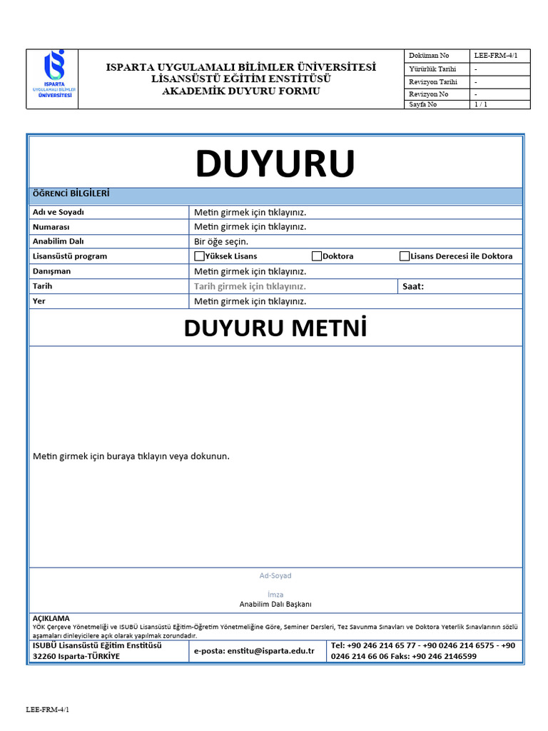 41 Akademik Duyuru Formu Form 4 1 05102023 | PDF
