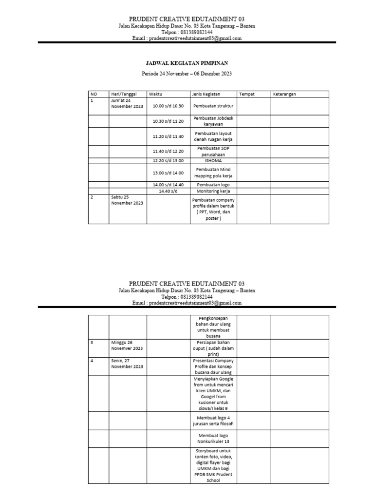 Jadwal Kegiatan Pimpinan | PDF