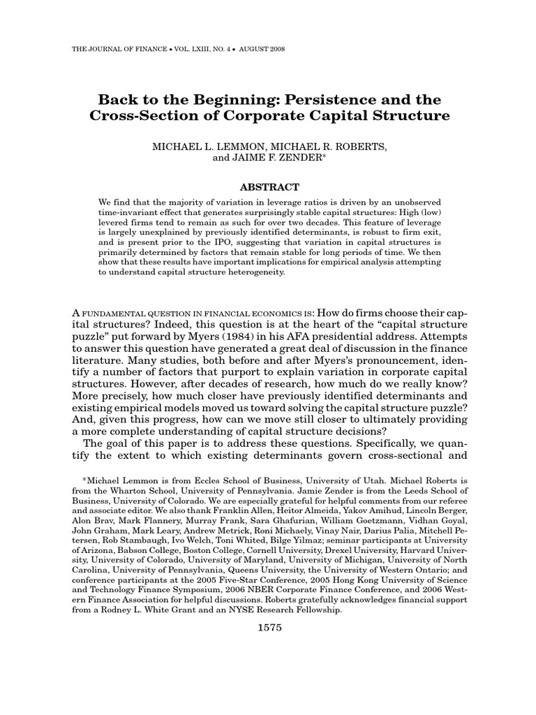 Back To The Beginning Persistence and The Cross-Section of Corporate Capital Structure | PDF ...
