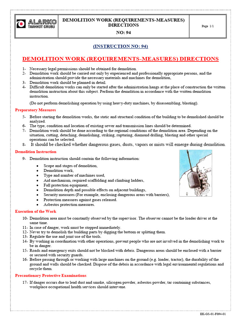 Demolotion Work Directions | PDF | Demolition | Safety