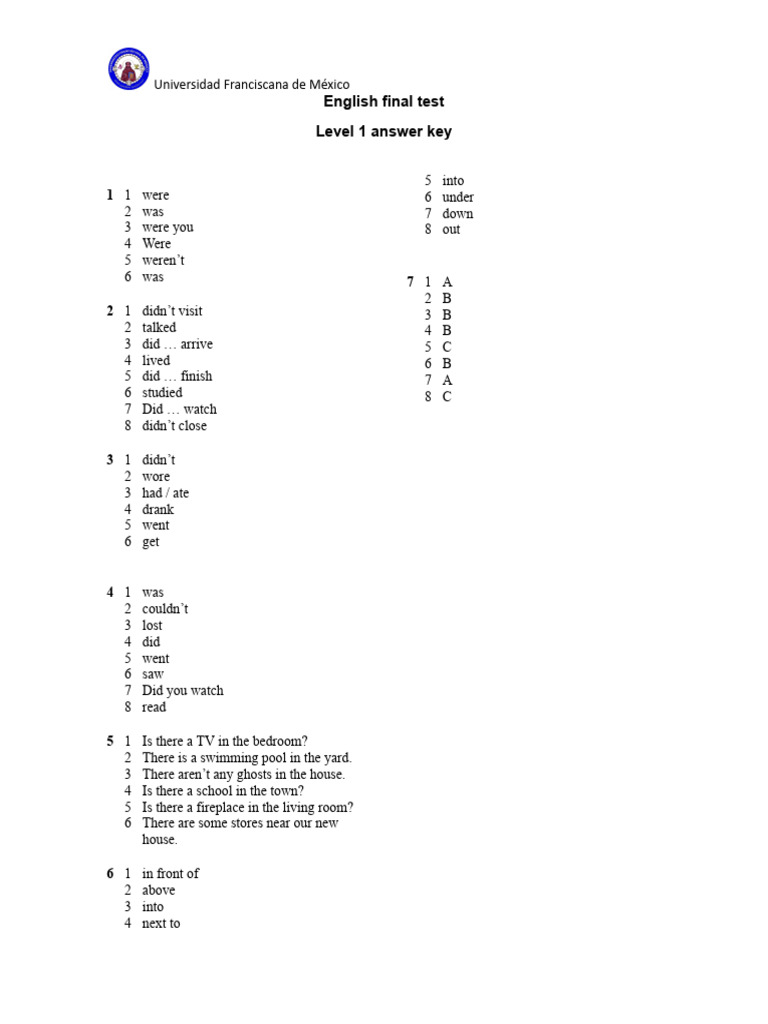 English Final Test (Level 1) - Answer Key | PDF