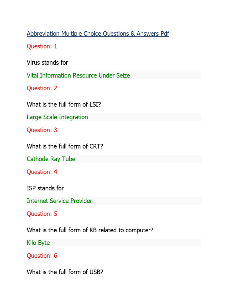Abbreviation Multiple Choice Questions Answers | PDF
