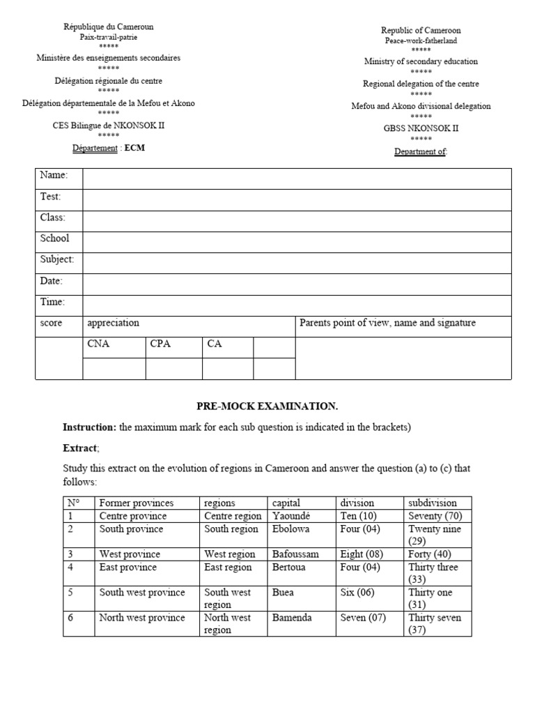 Citizenship Pre-Mock Nkoson II GBSS | PDF | Cameroon | Economies
