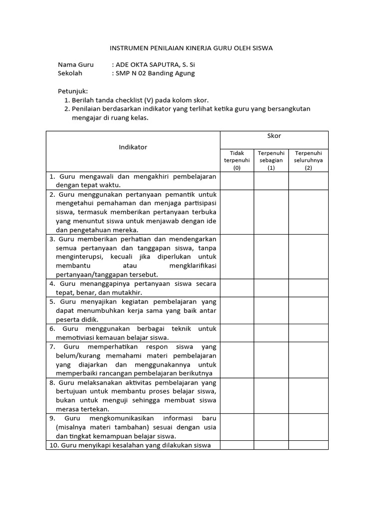 Instrumen Penilaian Kinerja Guru Oleh Siswa | PDF