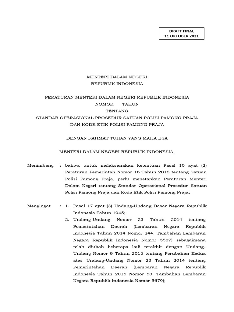 Draf Permendagri Sop Kode Etik (Bersih - 1 Okt 2021) | PDF | Ilmu Sosial