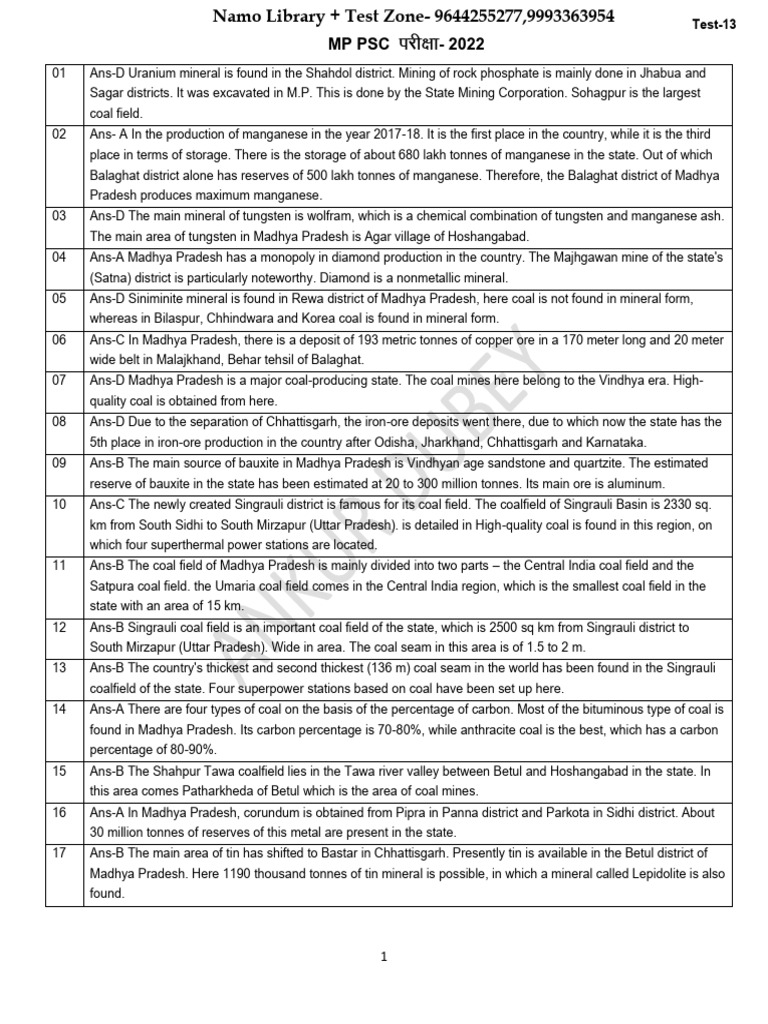 Answer Sheet Test-13 (MPPSC, English) | PDF | Iron Ore | Coal Mining