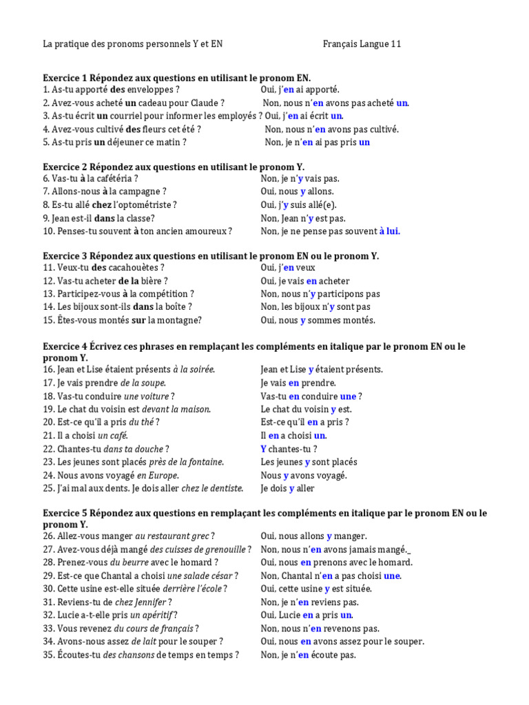 Exercices sur les pronoms Y et EN | PDF | Nourritures | Nourriture et ...
