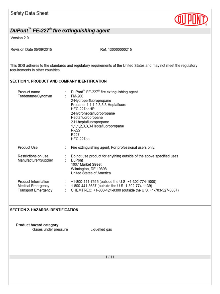 Fire Extinguishing Agent FE-227 MSDS | PDF | Toxicity | Animal Testing