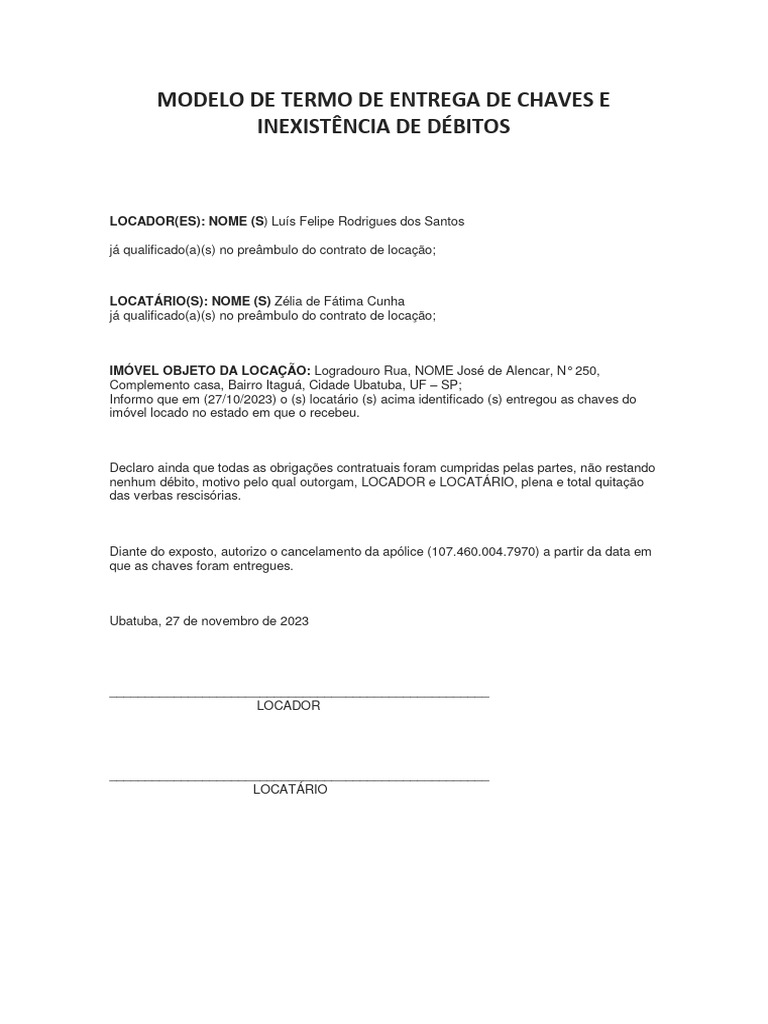 Modelo de Termo de Entrega de Chaves e Inexistência de Débitos Digitalizado | PDF