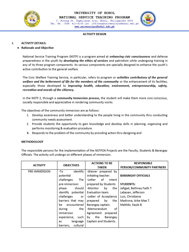 NSTP Community Immersion Activity Design | PDF | Community | Needs ...