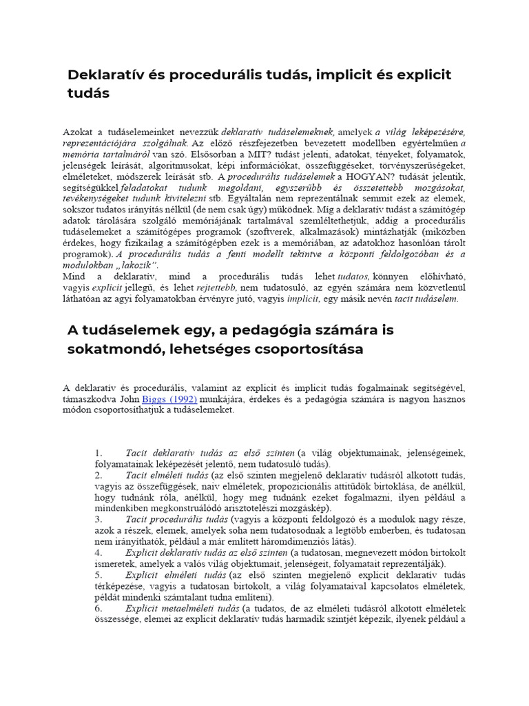 Szenzoros Megismerés - Deklaratív-És-Procedurális-Tudás | PDF