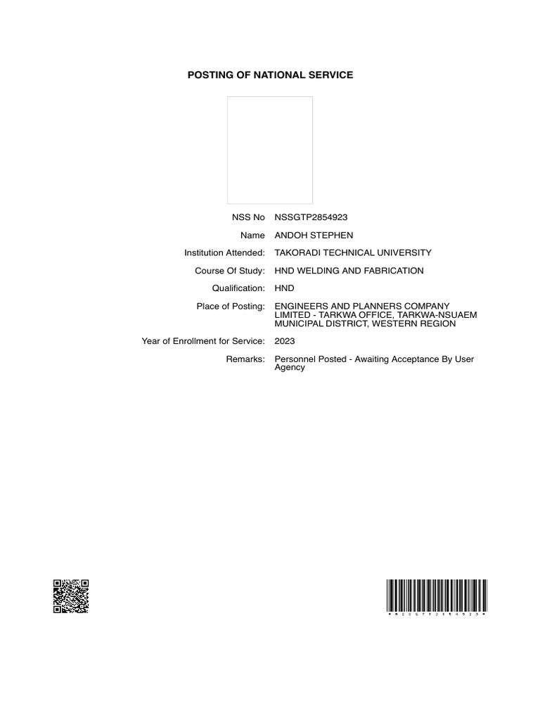 NSS Posting for HND Welding Graduate | PDF